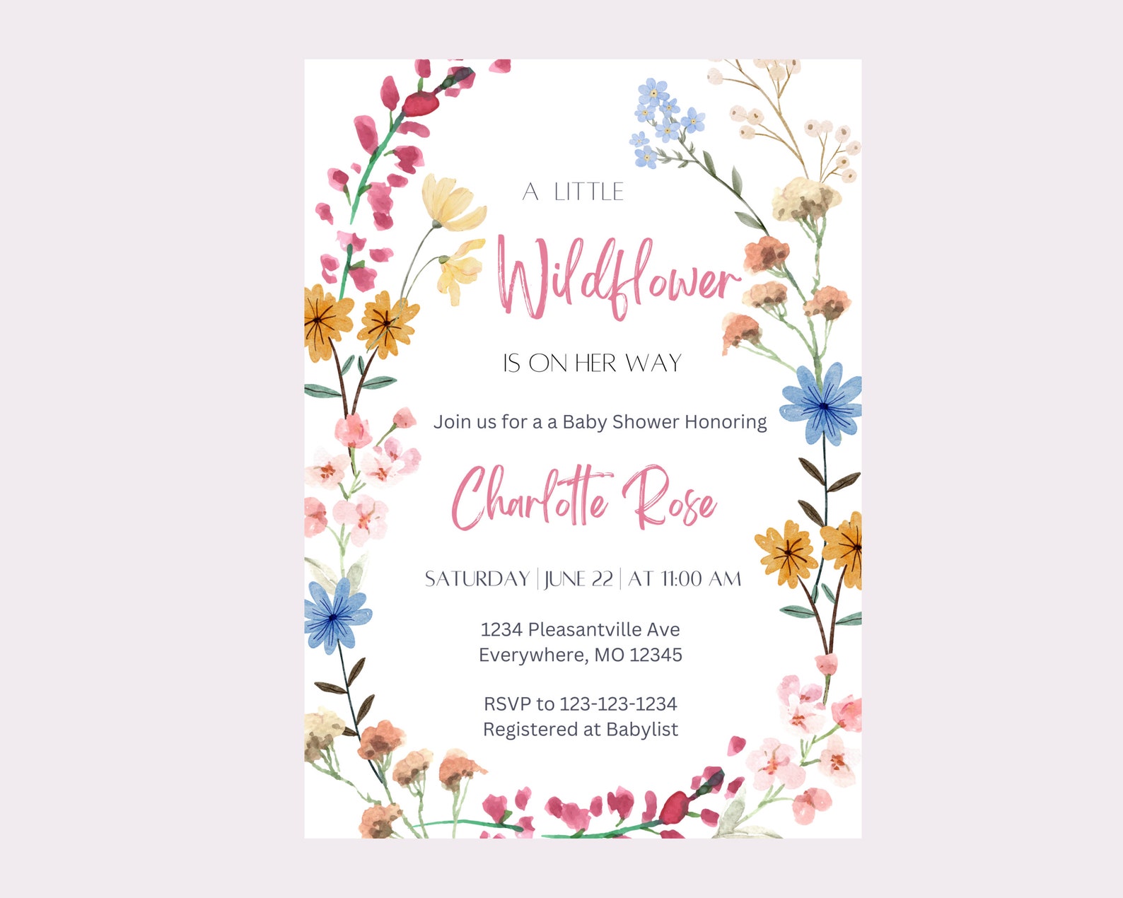 Wildflower Baby Shower Invitation Template, Wildflower Baby Shower ...