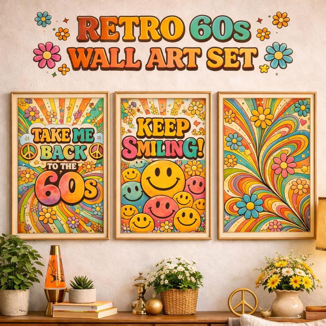 Retro 60s Wall Art Print Set | Psychedelic Floral, Smiley Art - Etsy