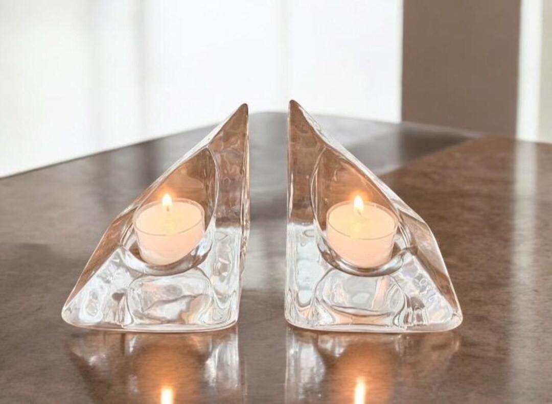 Vintage Glass Pyramid Candle Holders by Tord Kjellstrom for Nybro ...