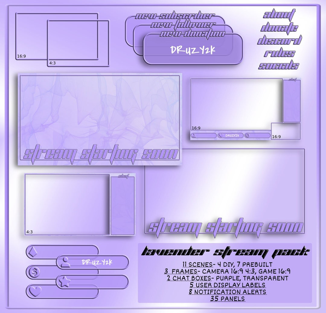 Lavender Stream Pack | 64pcs Twitch Kick Overlay Theme Package Camera Overlay Scenes ...