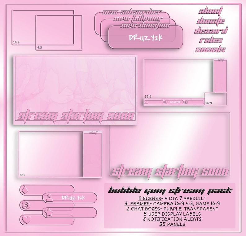 Bubble Gum Stream Pack | 64pcs Twitch Kick Overlay Theme Package Camera Overlay Scenes ...