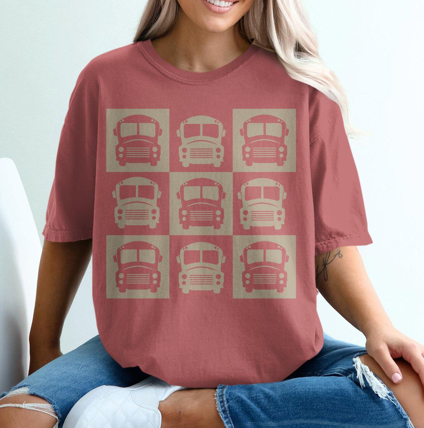 School Bus Driver Tee, School Bus Grid Pattern T-shirt, Bus Driver Graphic Shirt, Gift for Bus ...