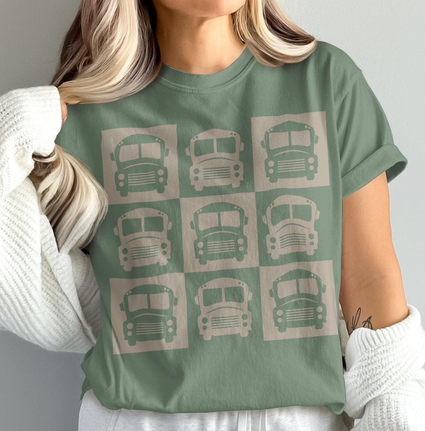 School Bus Driver Tee, School Bus Grid Pattern T-shirt, Bus Driver ...