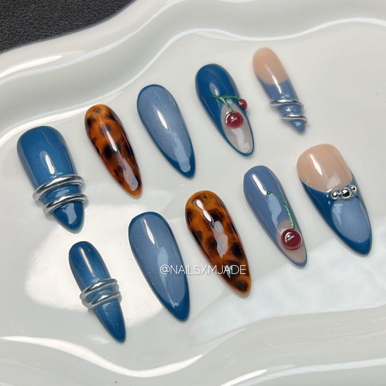 Tortoise Shell Nails | Cherry Design Nails | Blue Nails| Aurora Nails ...
