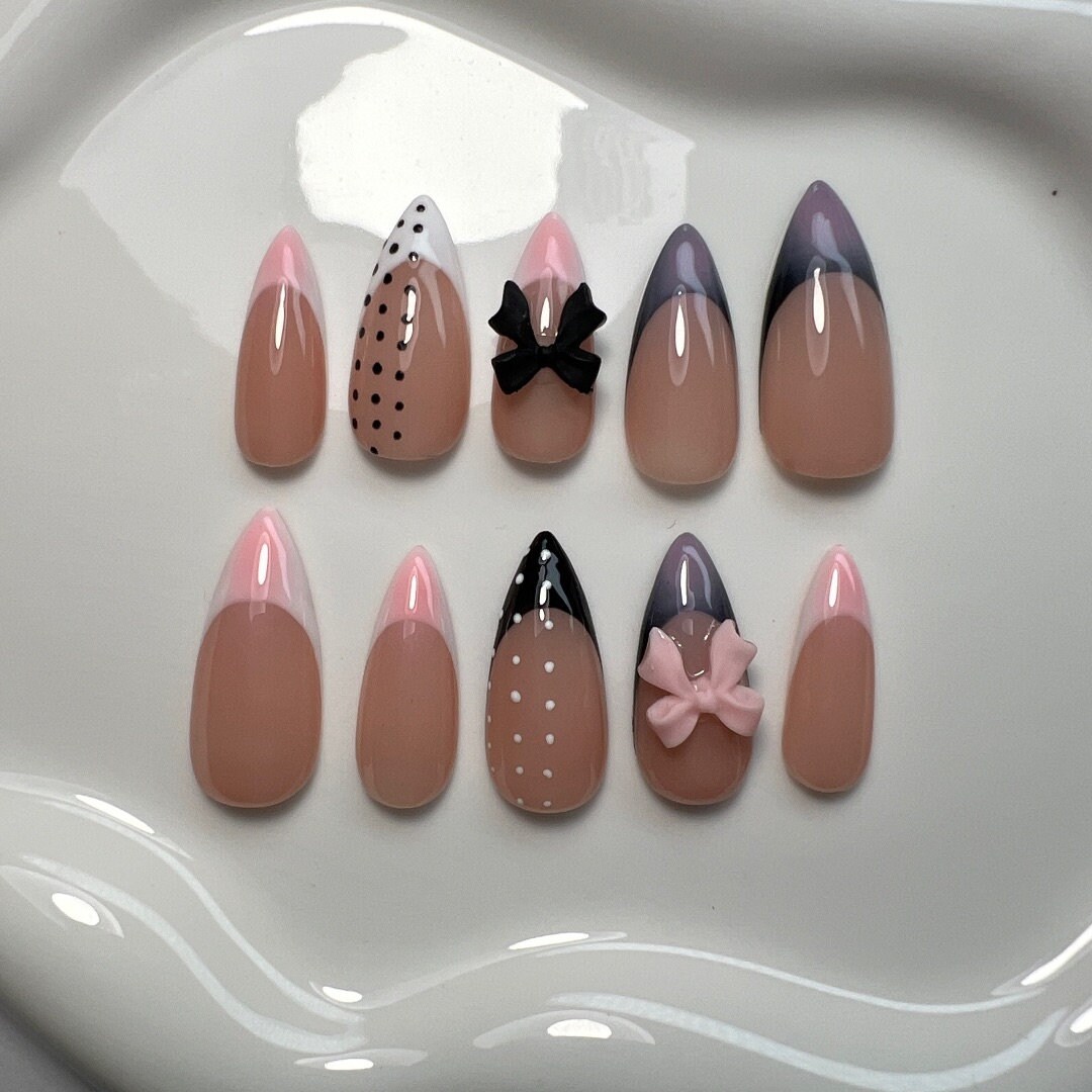 Pink and Black Coquette Press on Nails | Frenchy Nails | Press on Nails ...