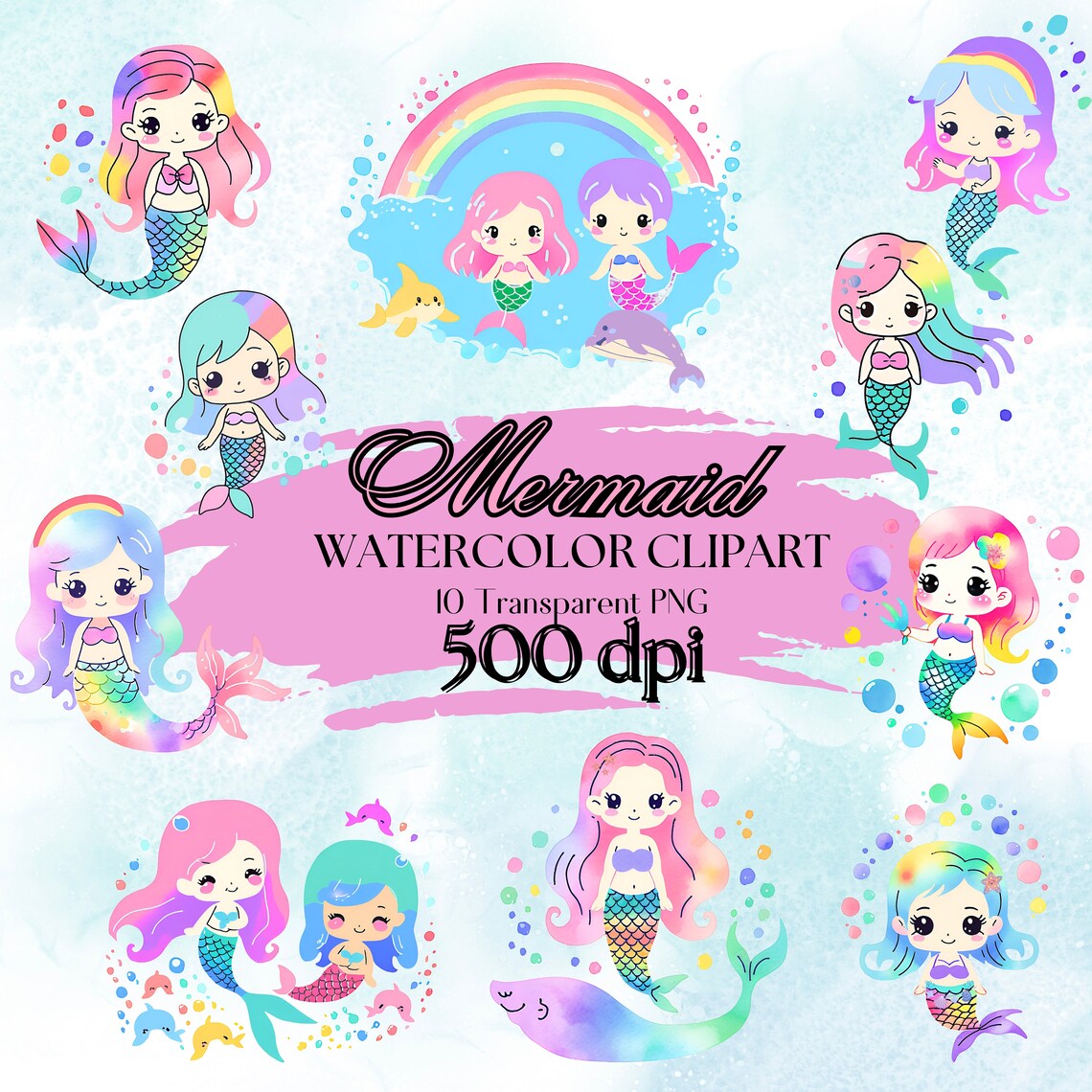 Set of 10 Watercolor Chibi Mermaid Clipart, Rainbow Mermaid Clipart ...