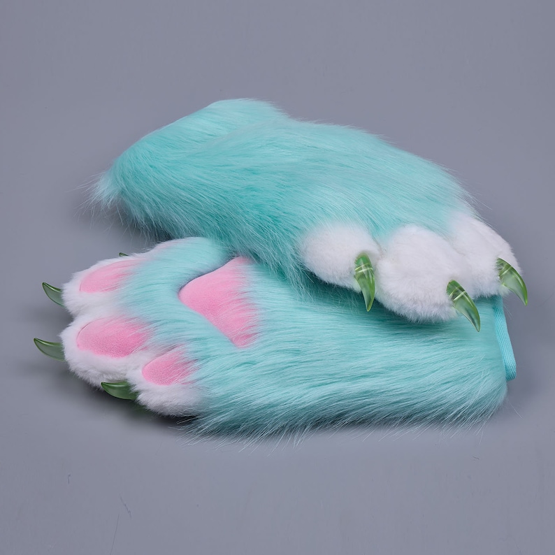 Blue Green Furrysuit Paws With Claws, Cat Puffy Cosplay Paws With Nails ...