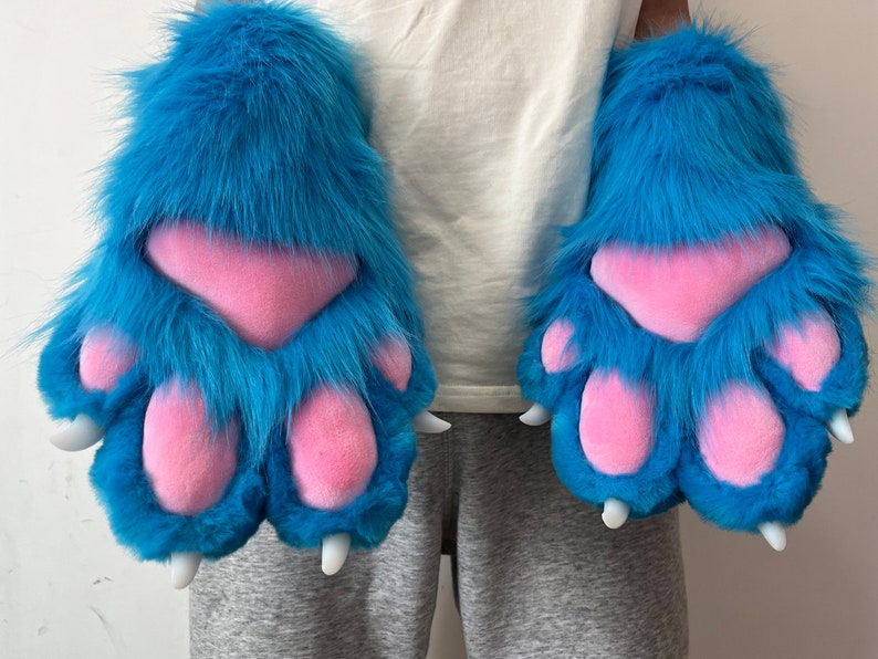 Cat Wolf Blue Furrysuit Cosplay Paws With Claws, Blue Furry Fluffy Paws ...