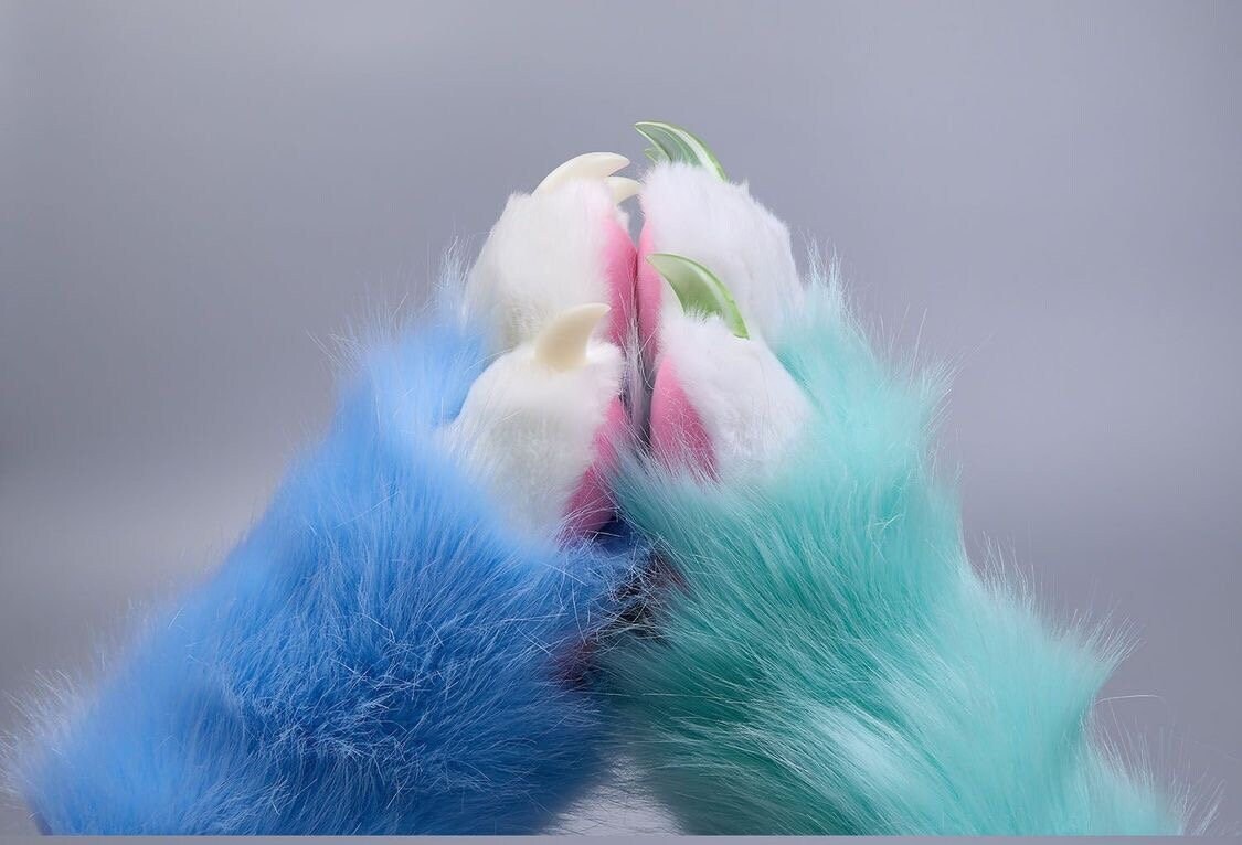 Blue Green Furrysuit Paws With Claws, Cat Puffy Cosplay Paws With Nails ...