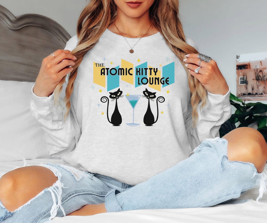 Atomic Kitty Lounge Midcentury Modern Tee, Retro Cat Graphic Long ...