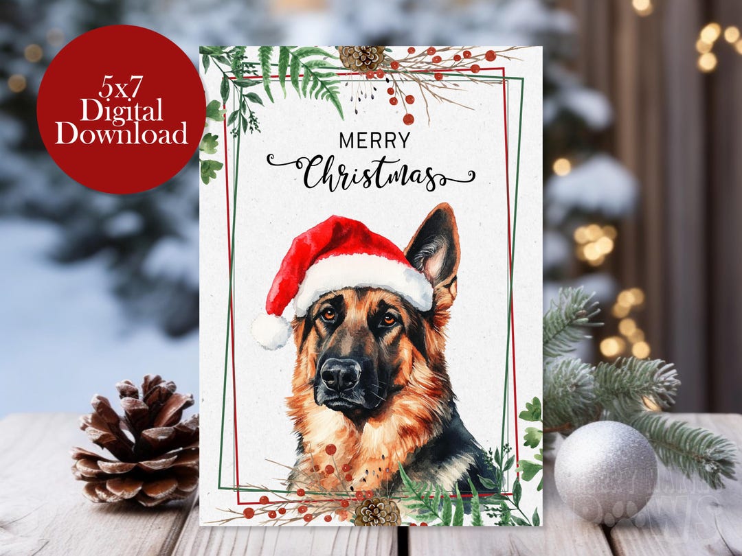 Merry Christmas German Shepherd Holiday 5x7 Watercolor Card Print ...