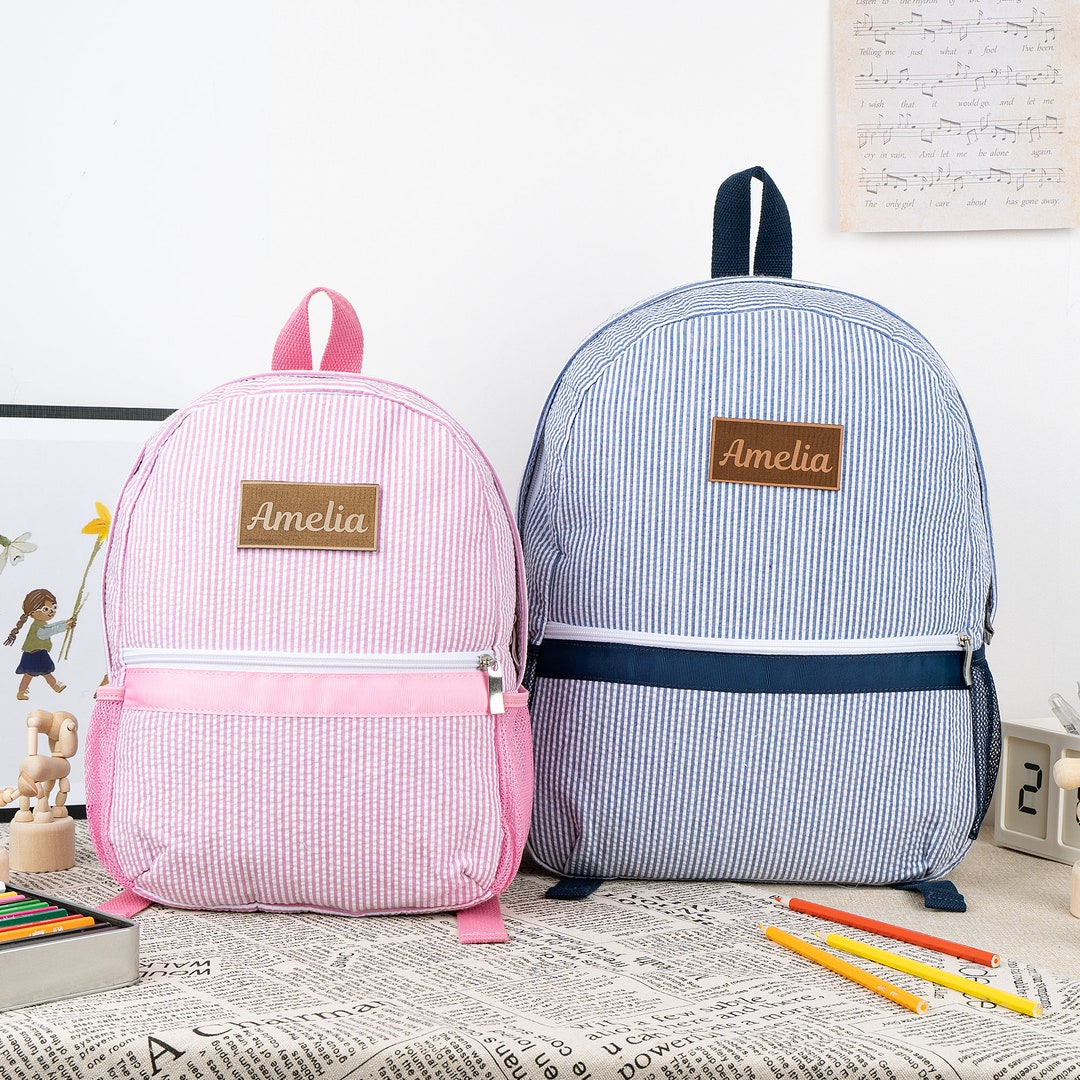 Boy's Backpack Personalized Seersucker Backpack With Leather Name ...