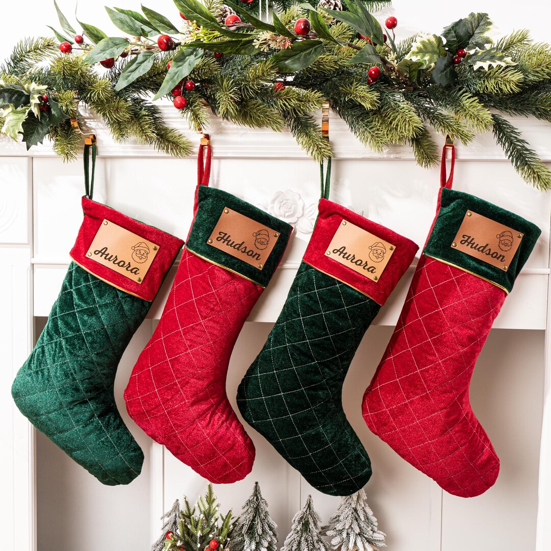 Personalized Velvet Christmas Stocking: Custom Leather Name Label - Etsy