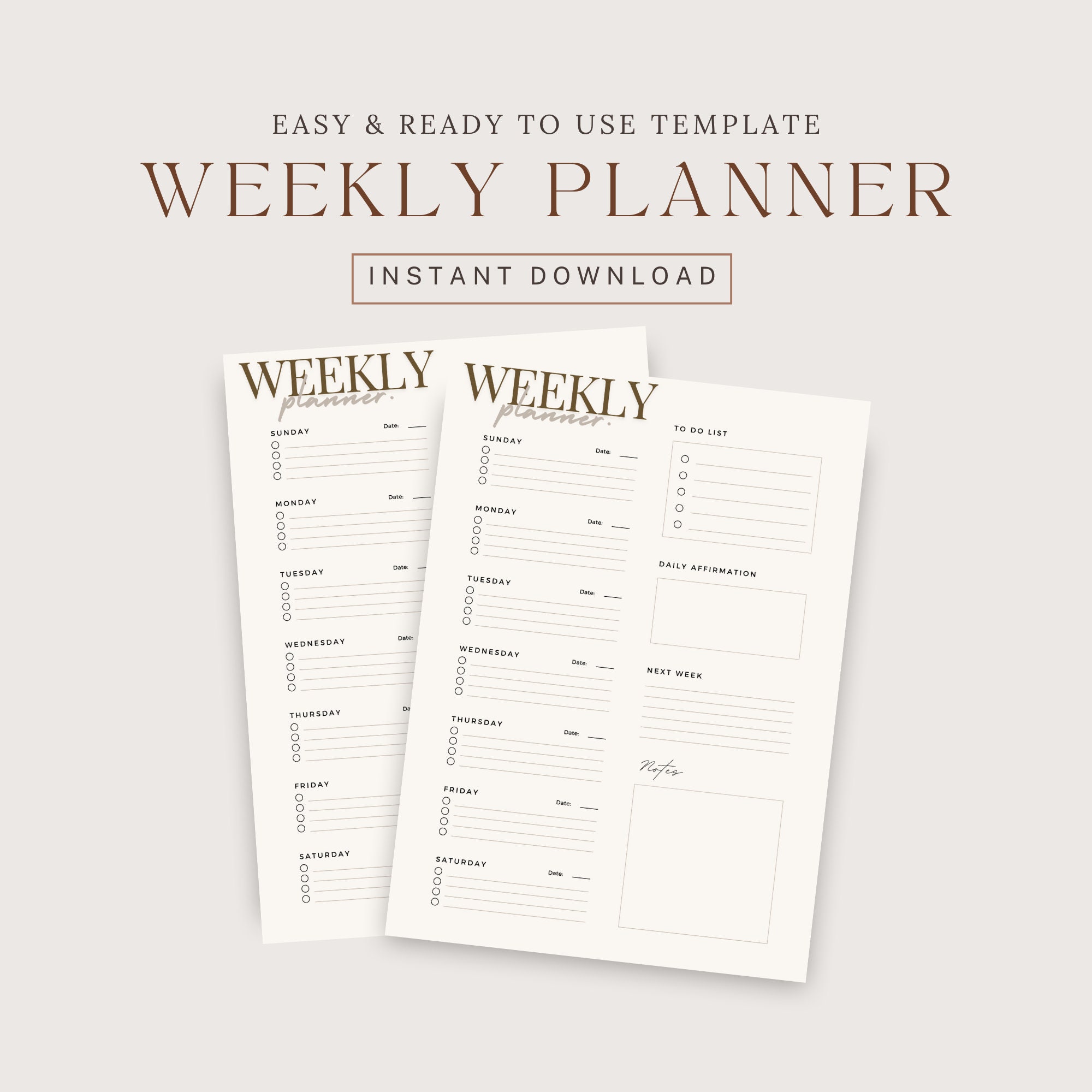 Digital Weekly Planner Template | Printable A4/letter | Minimalist ...