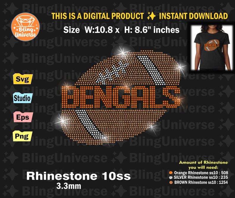 Bengals Rhinestone Template Svg, Football Fan Rhinestone Svg for Cricut ...