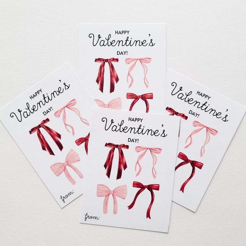 Bow Valentine Cards, Coquette Valentines, Printable Valentine Treat ...