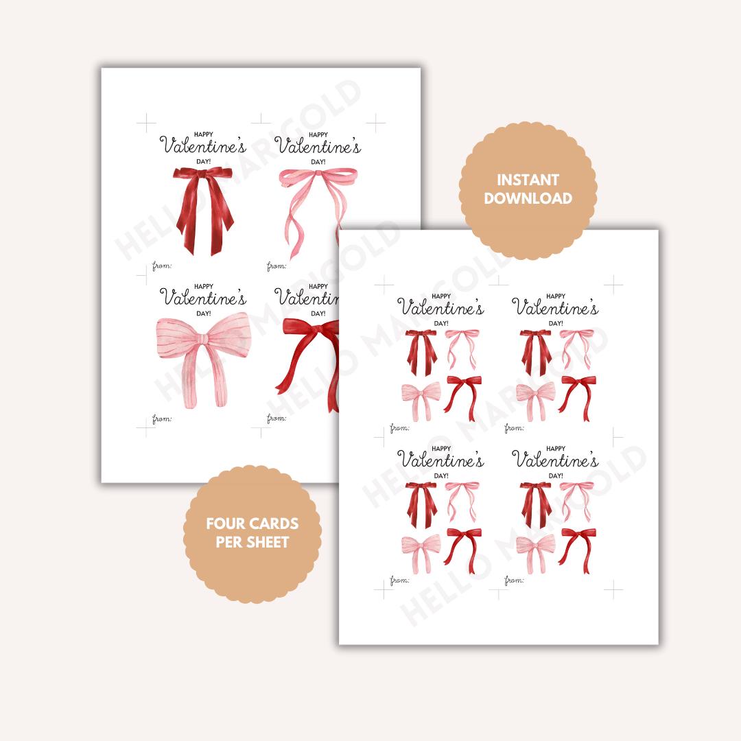 Bow Valentine Cards, Coquette Valentines, Printable Valentine Treat ...