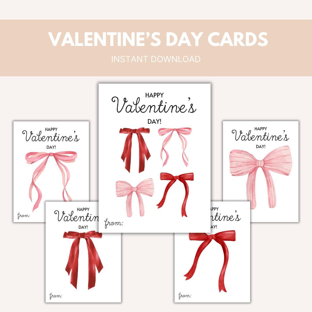 Bow Valentine Cards, Coquette Valentines, Printable Valentine Treat ...
