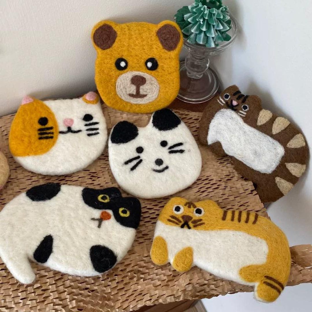 Handmade Wool Felt Animal Coasters | Cute Cat Decor - Etsy