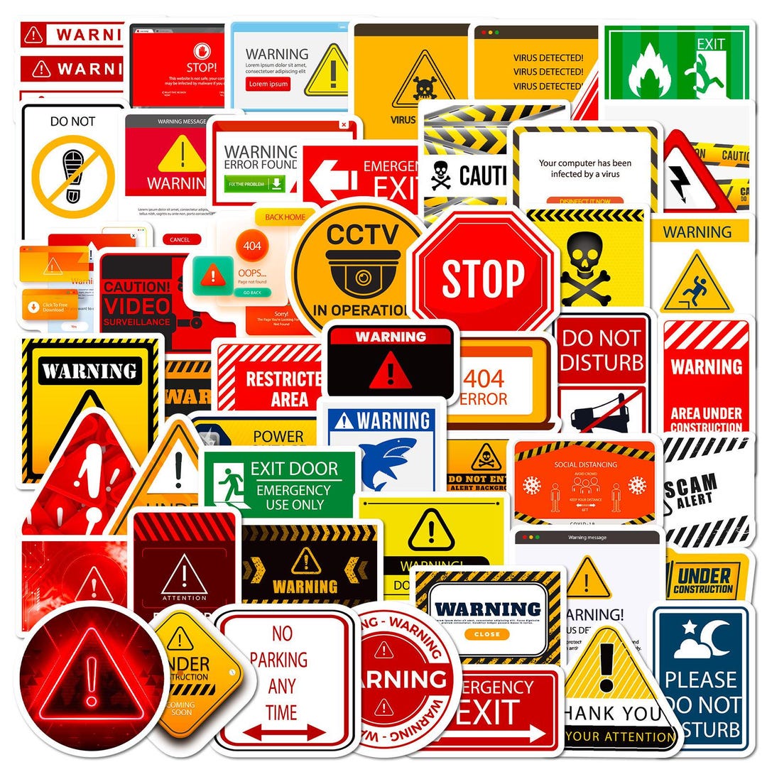 Warning Sign Stickers: Waterproof Decals for Laptops, Luggage (50pcs ...