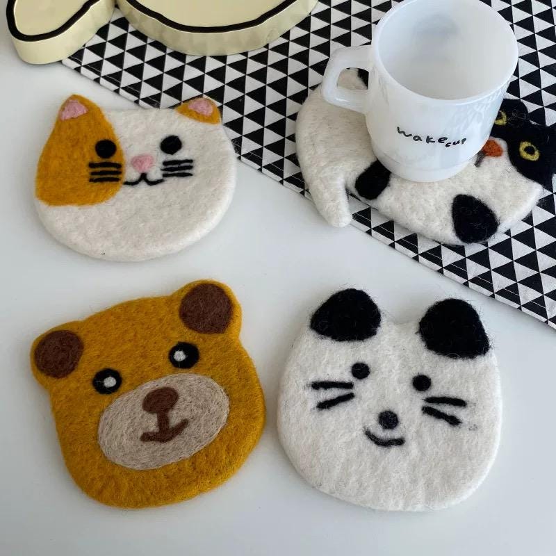Cartoon Animal Wool Felt Heat Pads | Handmade Cute Cat Coasters | Table ...