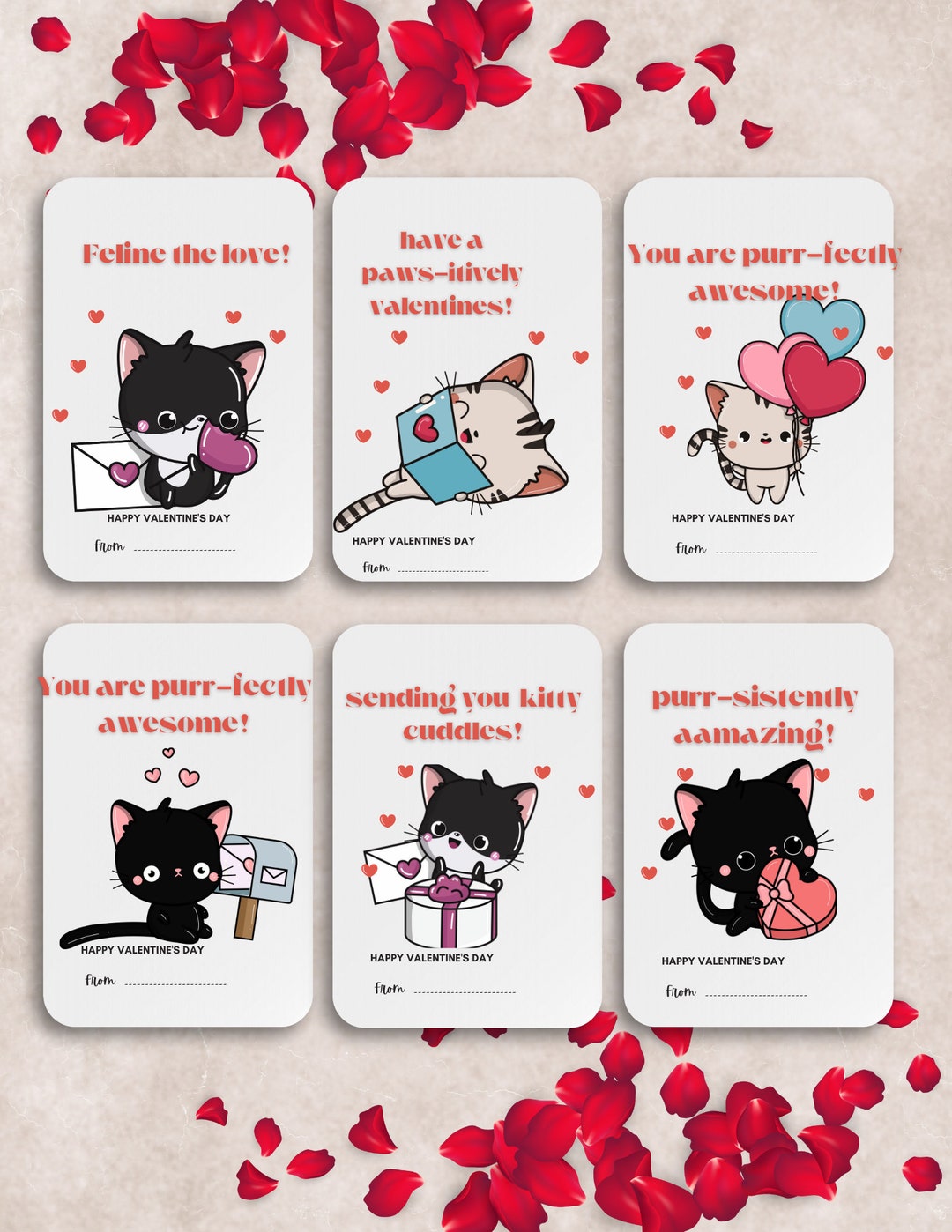 Printable Cat Valentine's Day Cards, Classroom Valentine's Day Cards ...