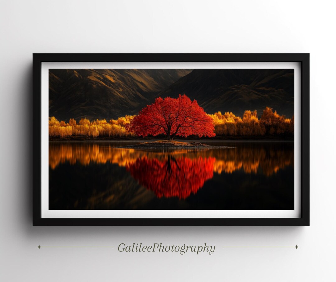 Red Tree in Lake, Landscape Photography, Beautiful Lake Wall Art, Red ...
