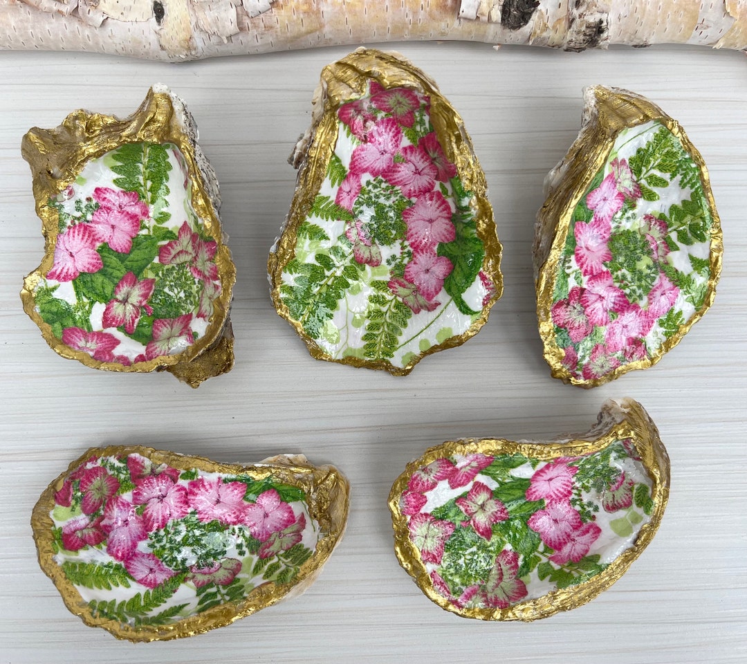 Floral Shell Jewelry Dish. Oyster Ring Container. Green and Fuchsia ...