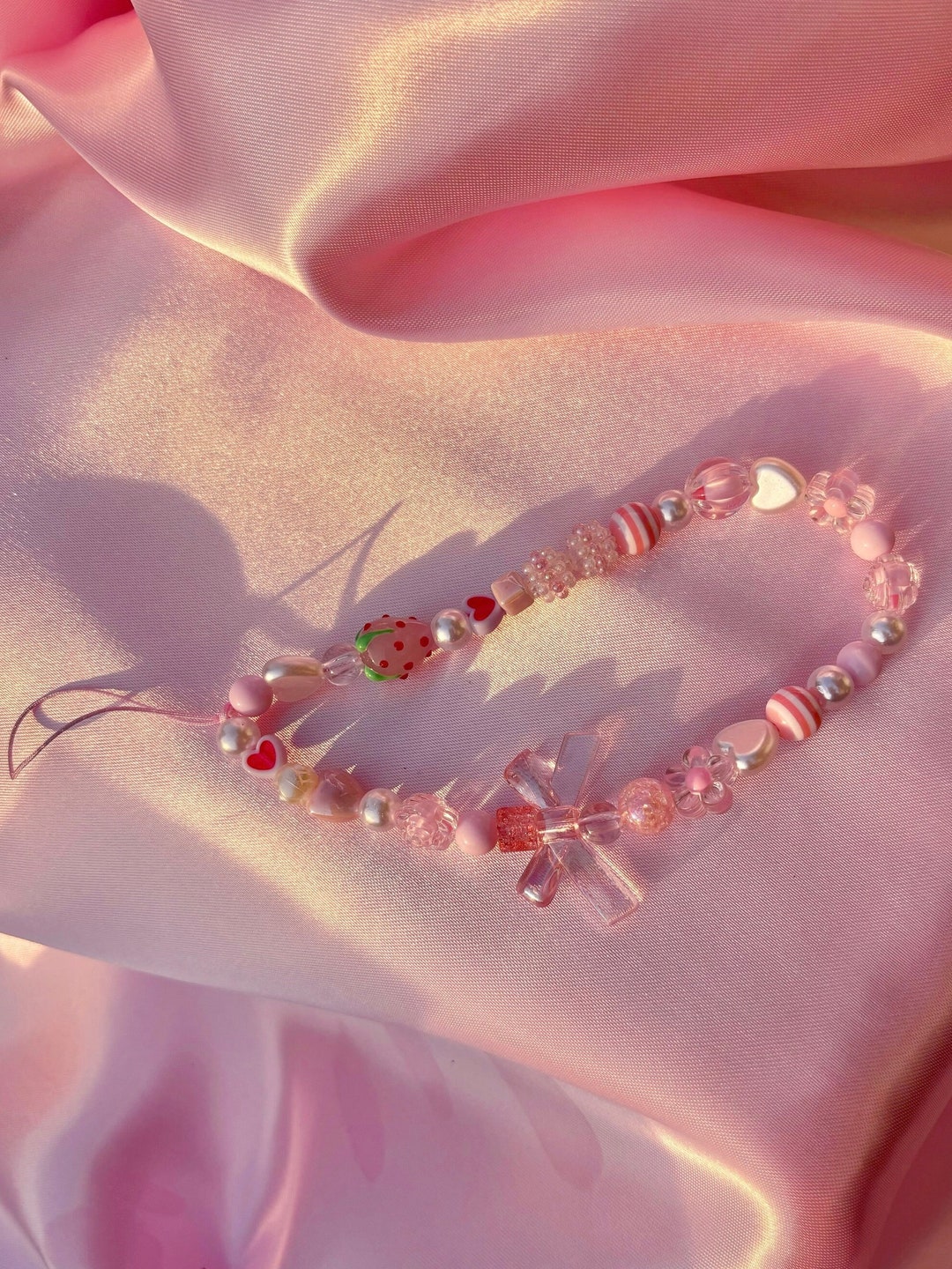 Strawberry Beaded Phone Charm – Pink Y2K Kawaii Wrist Strap | Cute ...
