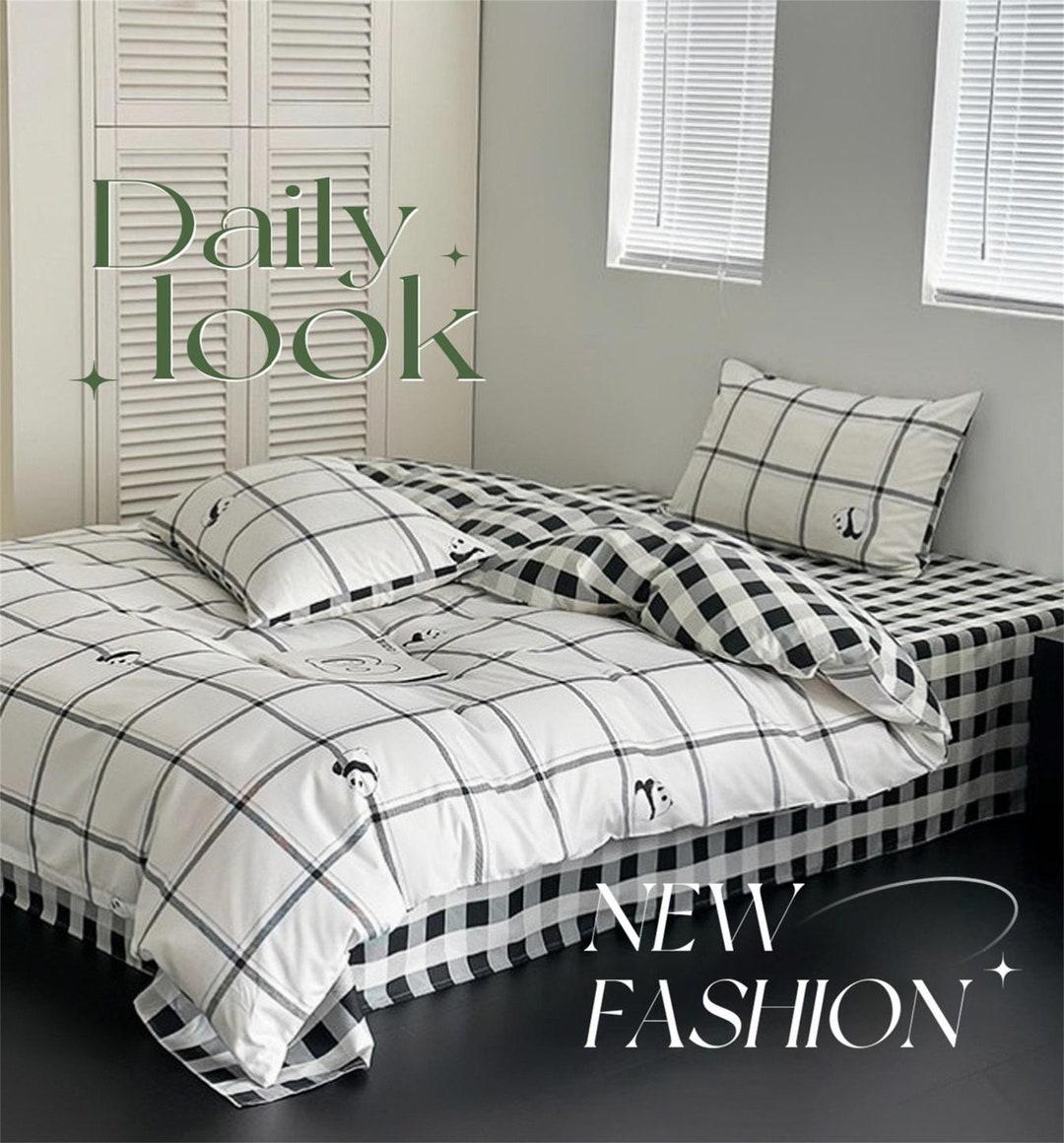 Black Plaid Panda Print Duvet Cover Set,soft Cotton Flat Sheet ...