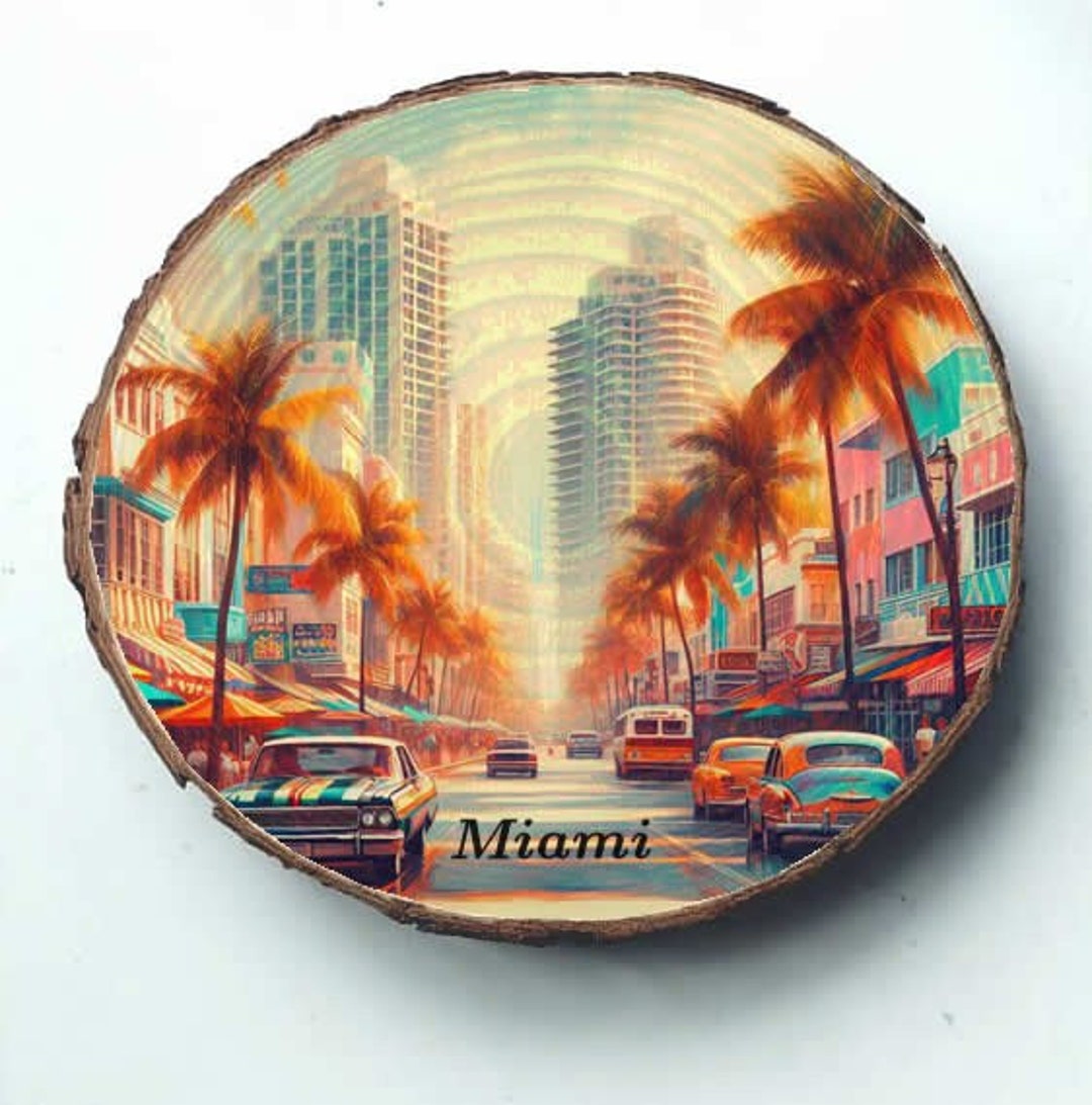 Vintage Miami Art Souvenir, Retro Miami Gift, Miami Wood Slice, Miami ...