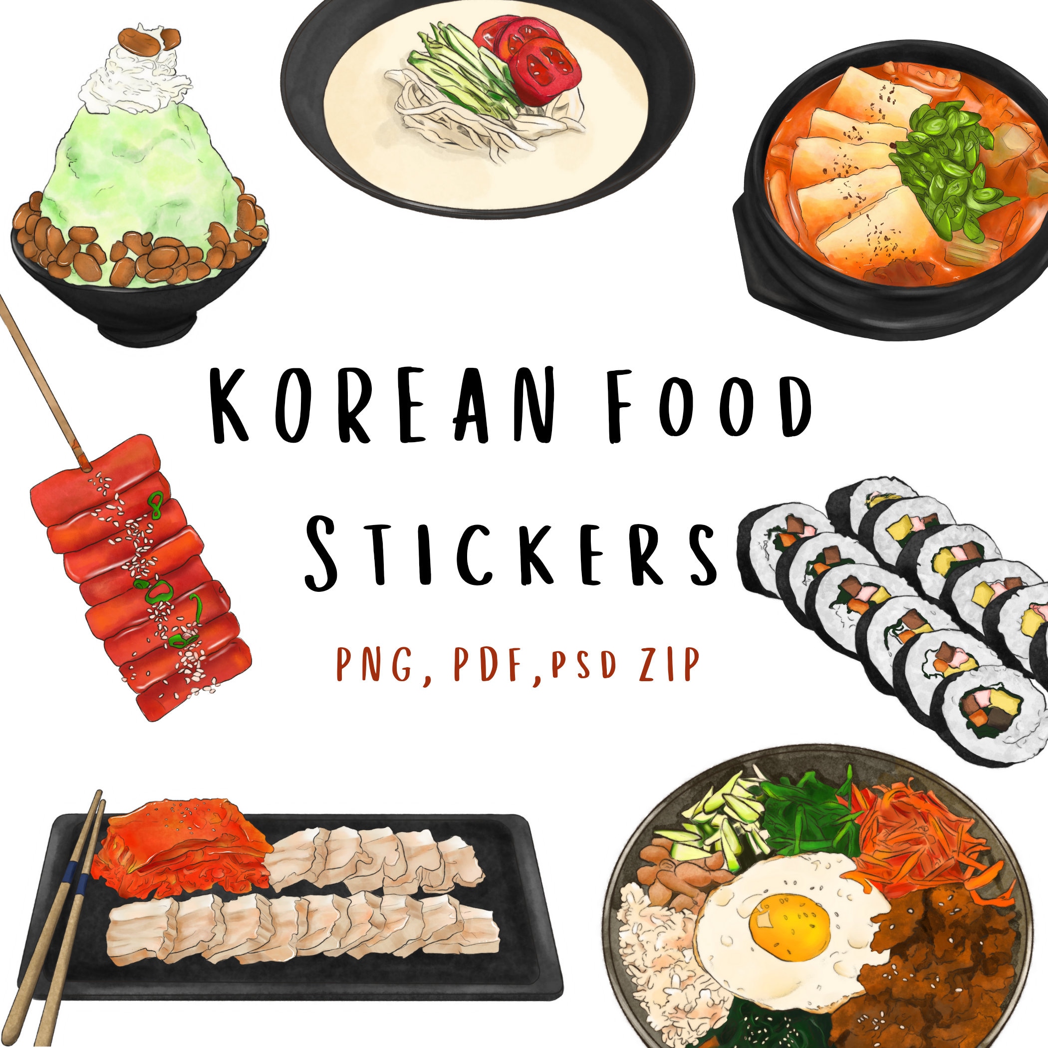 Printable Korean Food Sticker With Fishcake Bingsu Bibimbap Kimbap ...