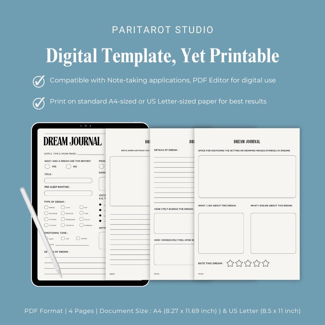 Digital Dream Journal Template A4 & US Letter Highly-detailed 4-page ...