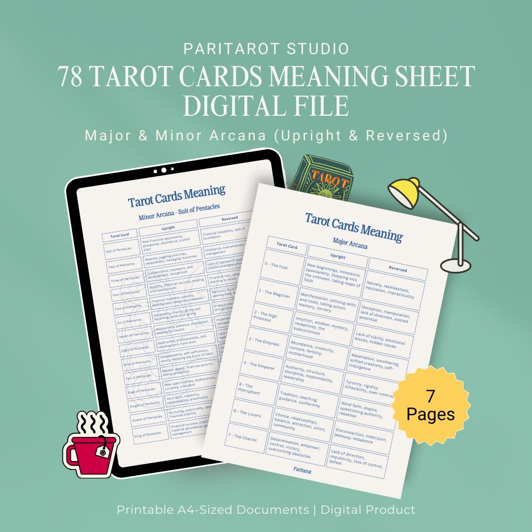 Tarot Cards Meaning Sheet : Major & Minor Arcana (upright and Reversed ...