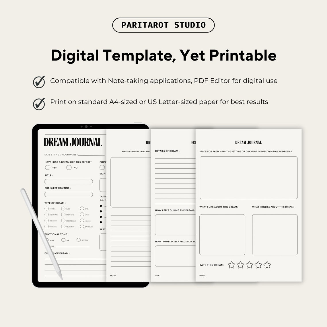 Digital Dream Journal Template A4 & US Letter Highly-detailed 4-page ...