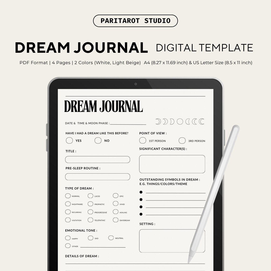 Digital Dream Journal Template A4 & US Letter Highly-detailed 4-page ...