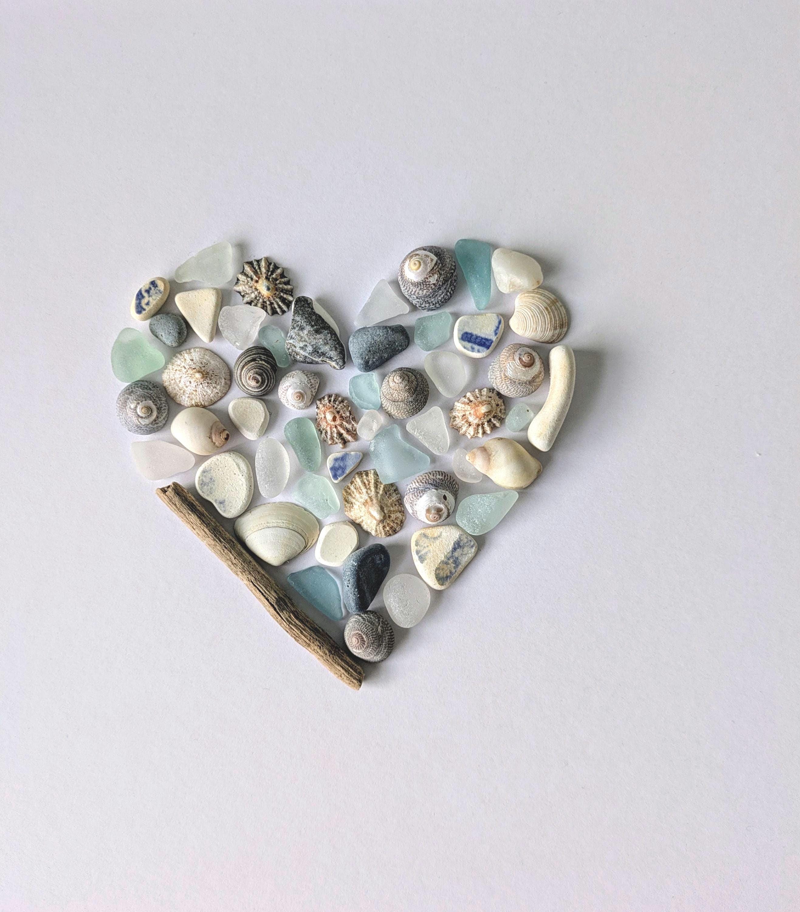 Sea Glass Heart Art, Coastal Shell & Pottery Collage, Valentine's Gift ...