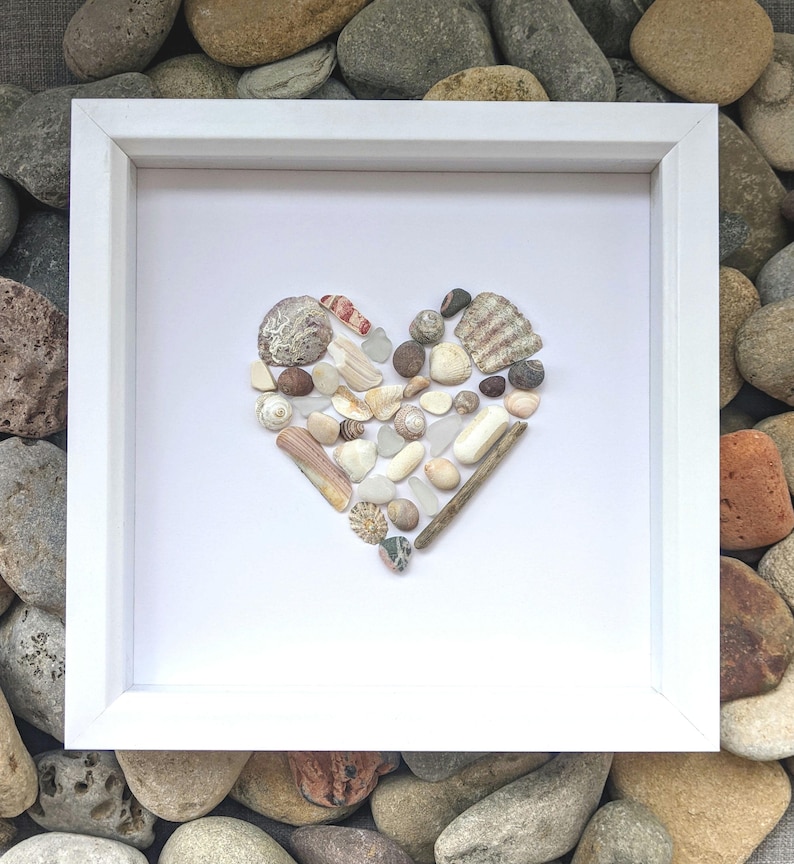 Sea Glass Heart Art, Coastal Shell & Pottery Collage, Valentine's Gift ...