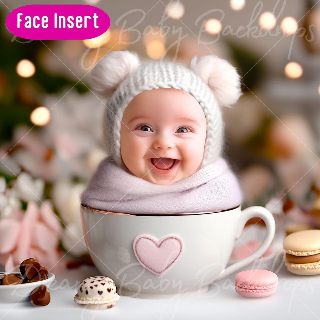 Newborn Digital Backdrop Face Insert, Newborn Baby Coffee Cup Faceswap ...