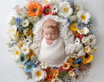 Newborn Digital Backdrop, Newborn Baby White Flowers, Floral Composite ...