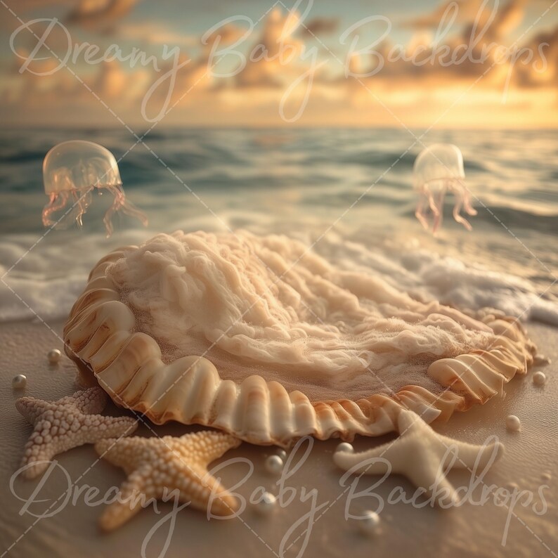 Newborn Digital Backdrop, Newborn Baby Sleep on the Beach Ocean ...