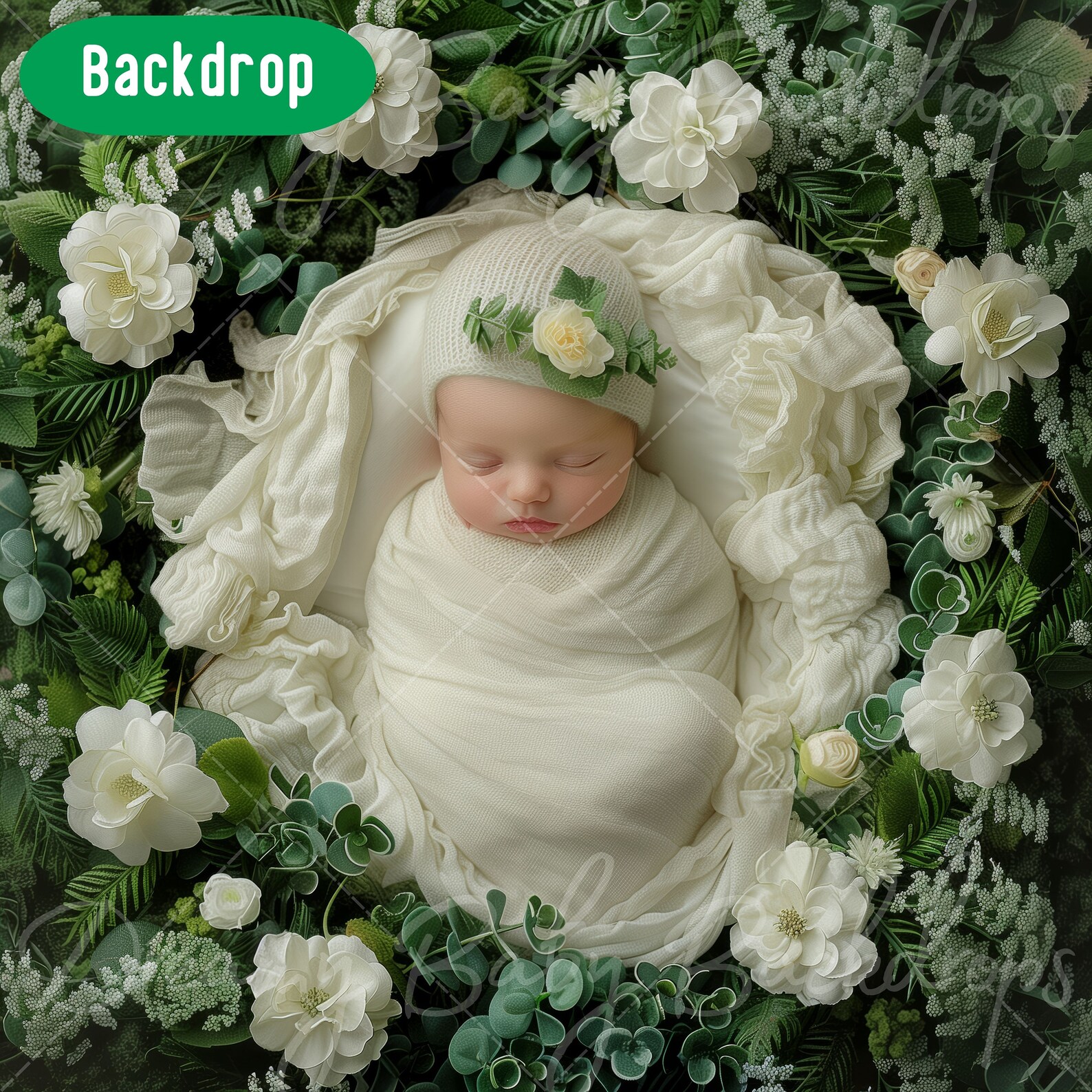 Newborn Digital Backdrop, Newborn Baby White Flowers, Floral Composite ...