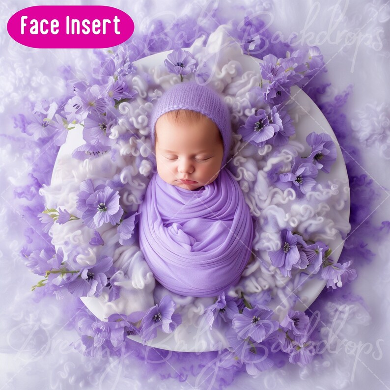 Newborn Digital Backdrop Face Insert, Baby Purple Violet Flowers ...