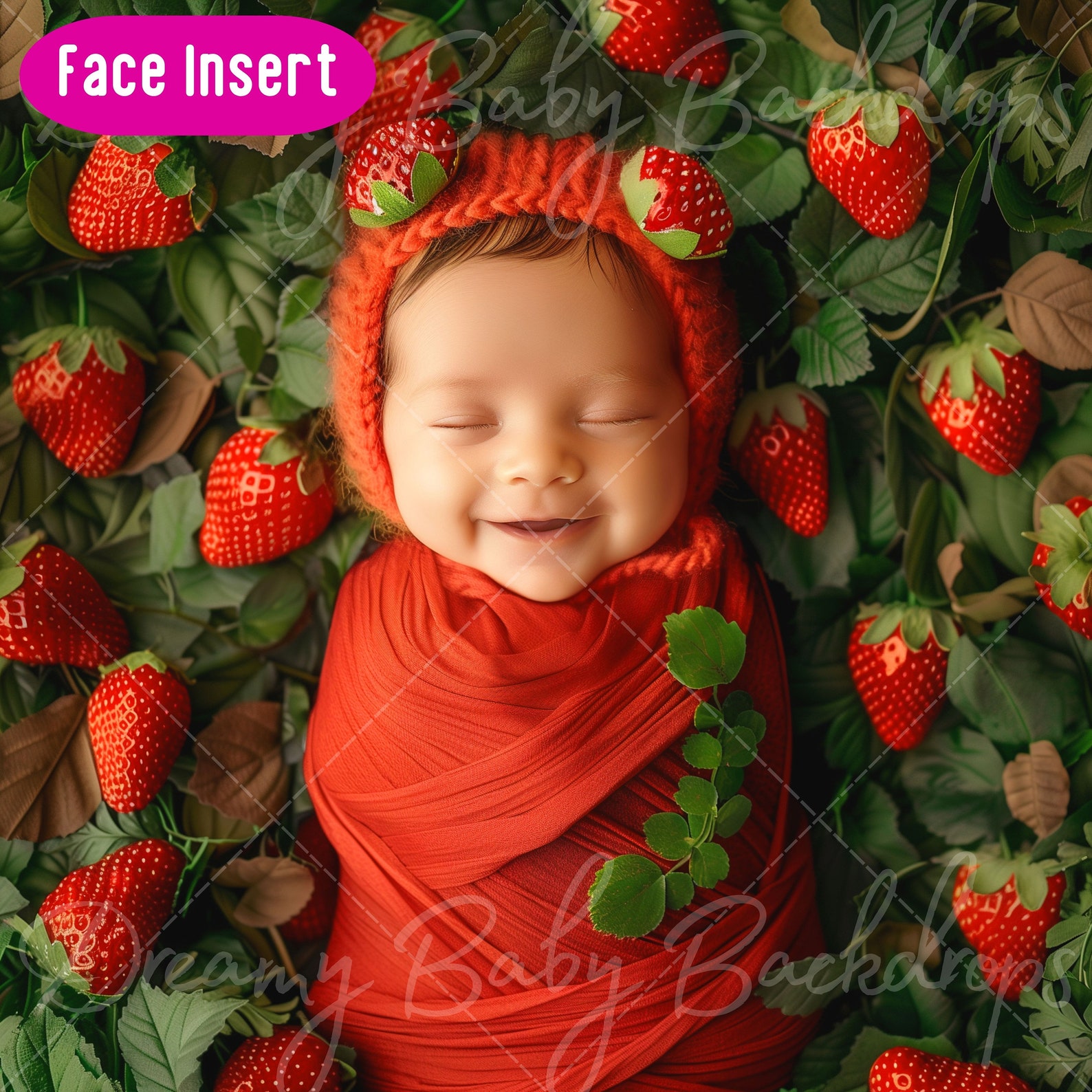Newborn Digital Backdrop Face Insert, Newborn Baby Strawberry Faceswap ...