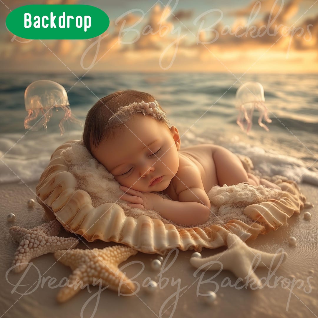 Newborn Digital Backdrop, Newborn Baby Sleep on the Beach Ocean ...