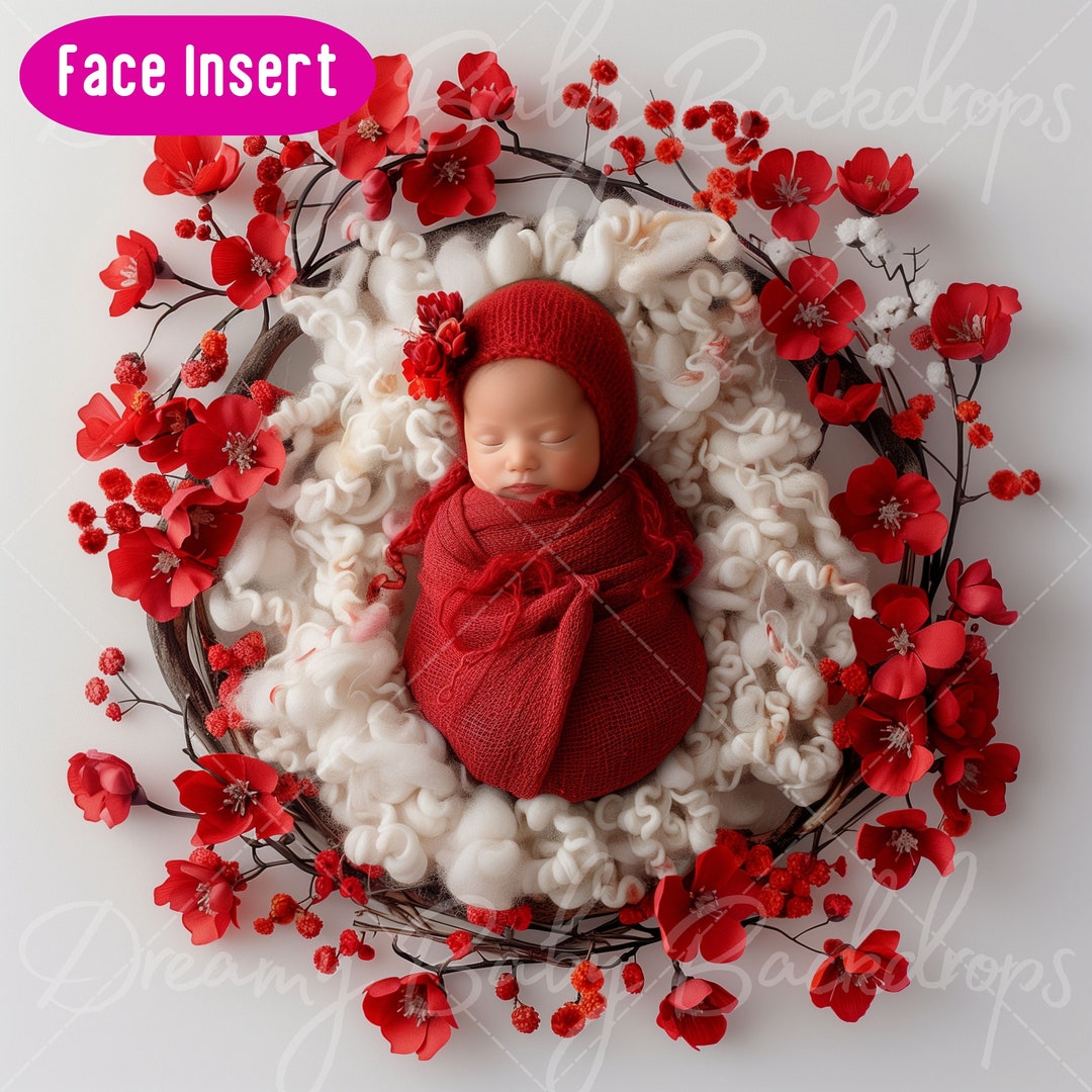 Newborn Digital Backdrop Face Insert, Baby Red Spring Flowers ...