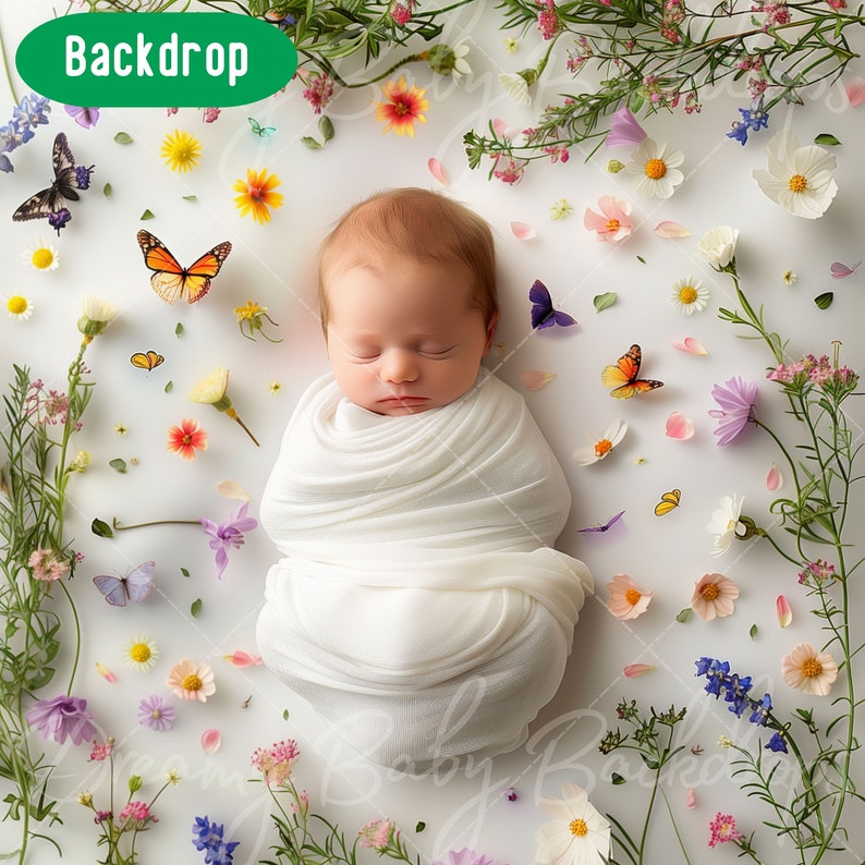 Newborn Digital Backdrop, Newborn Baby Flowers and Butterflies ...