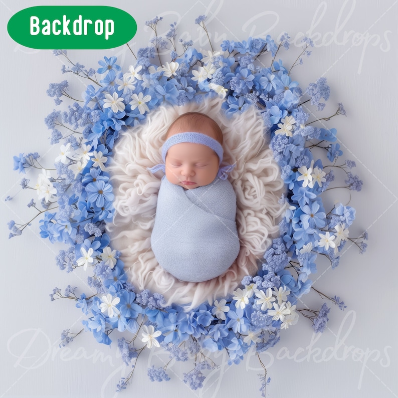 Newborn Digital Backdrop, Baby Boy Blue Flowers, Spring Floral ...