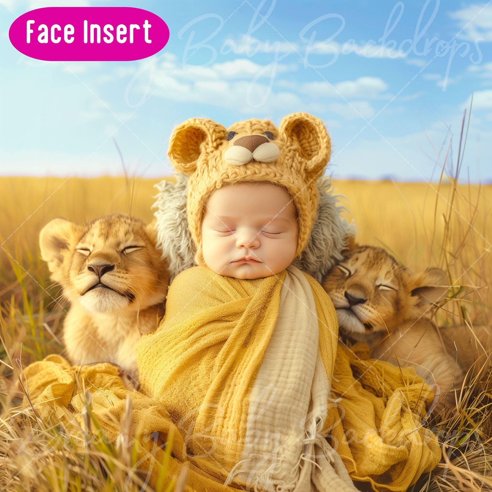 Newborn Digital Backdrop Face Insert, Newborn Baby Lion Faceswap ...