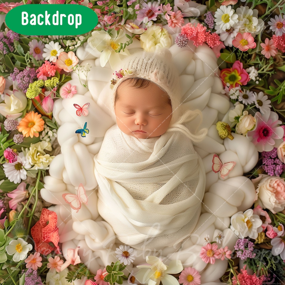 Newborn Digital Backdrop, Newborn Baby Flowers and Butterflies ...